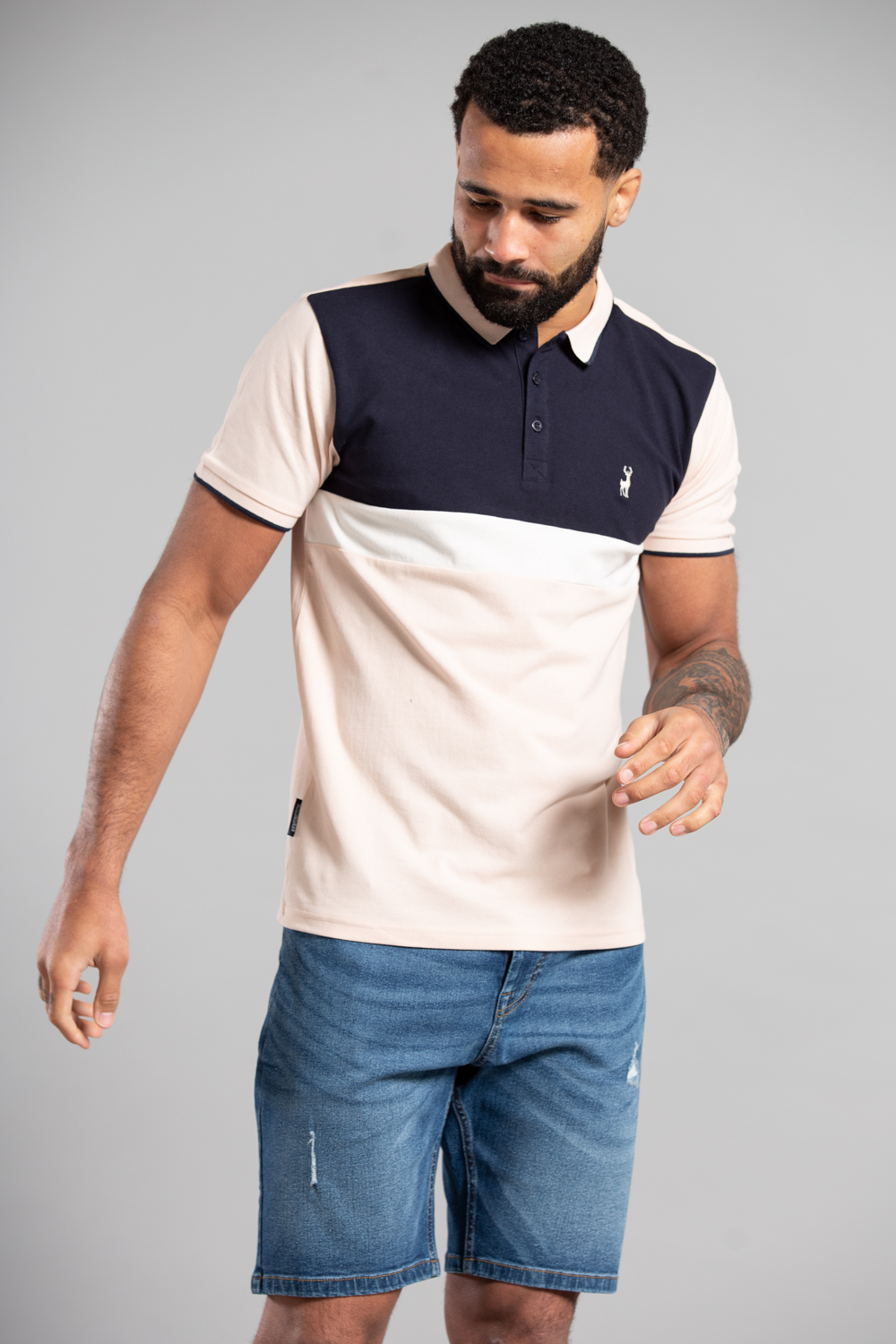 Peach Short Sleeve Cotton Colour Block Pique Polo Shirt