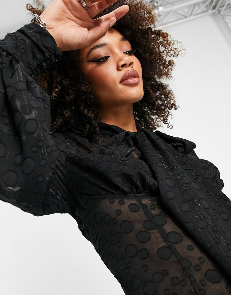 ASOS DESIGN dobby blouse with neck tie detail in black