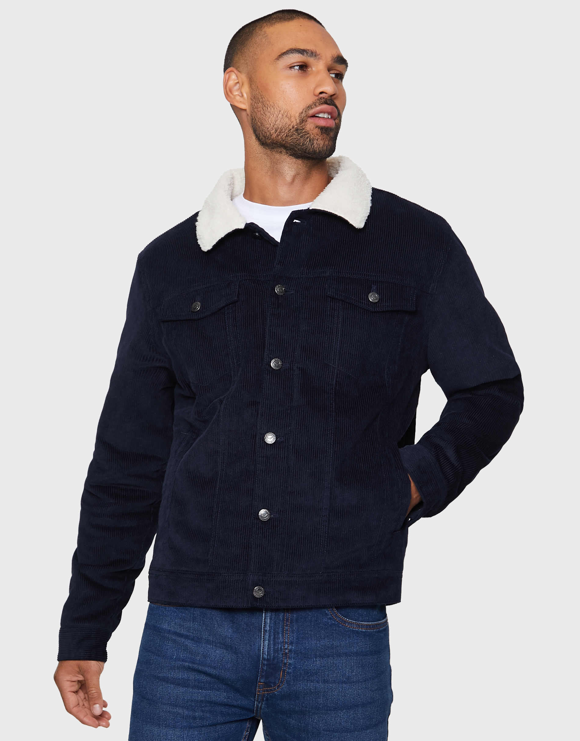 Navy 'Philip' Borg Collar Cord Jacket