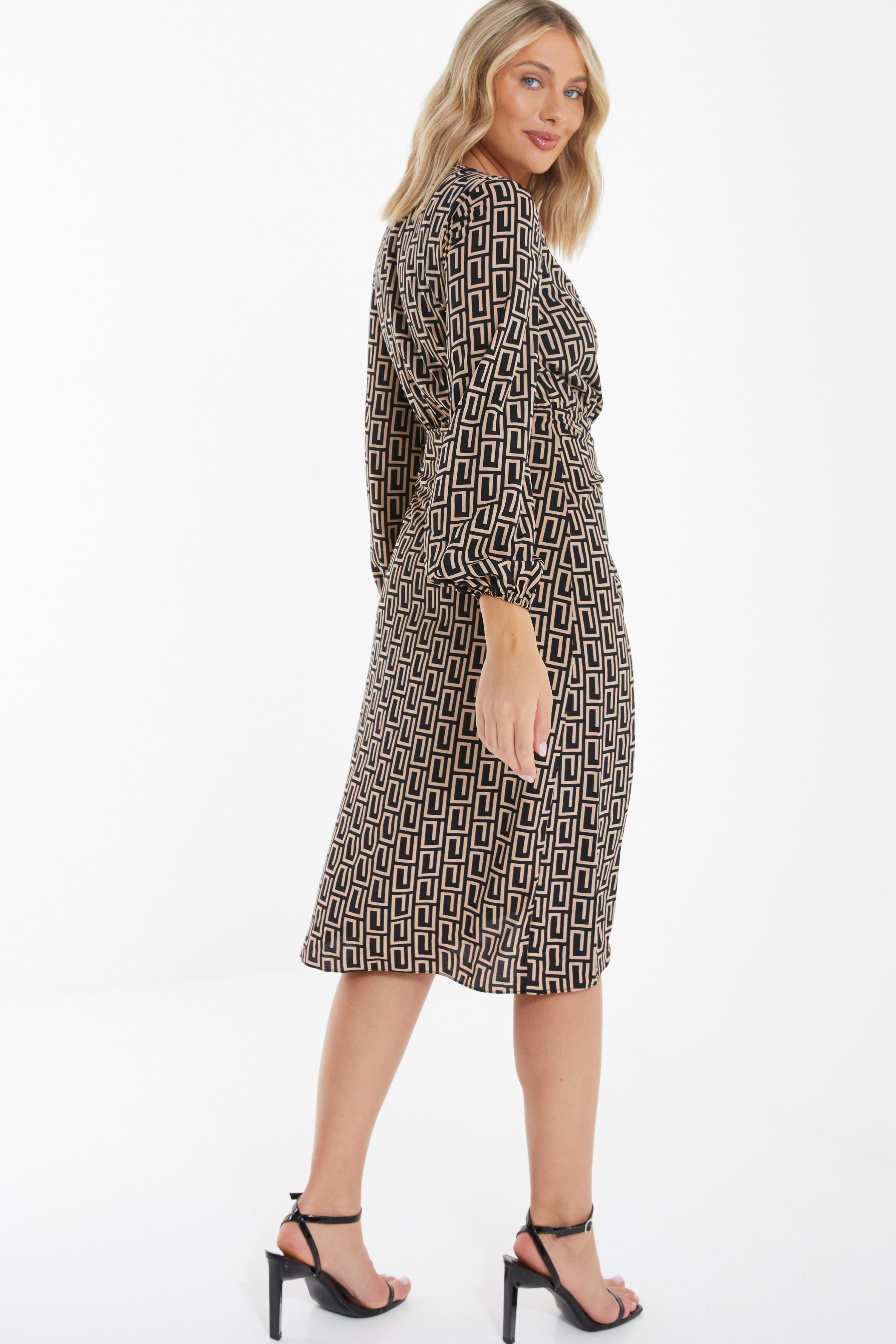 Black Geometric Wrap Midi Dress