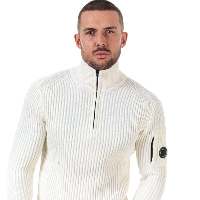 Men's C.P. Company Ribbed Knitted Full Zip Jumper in White