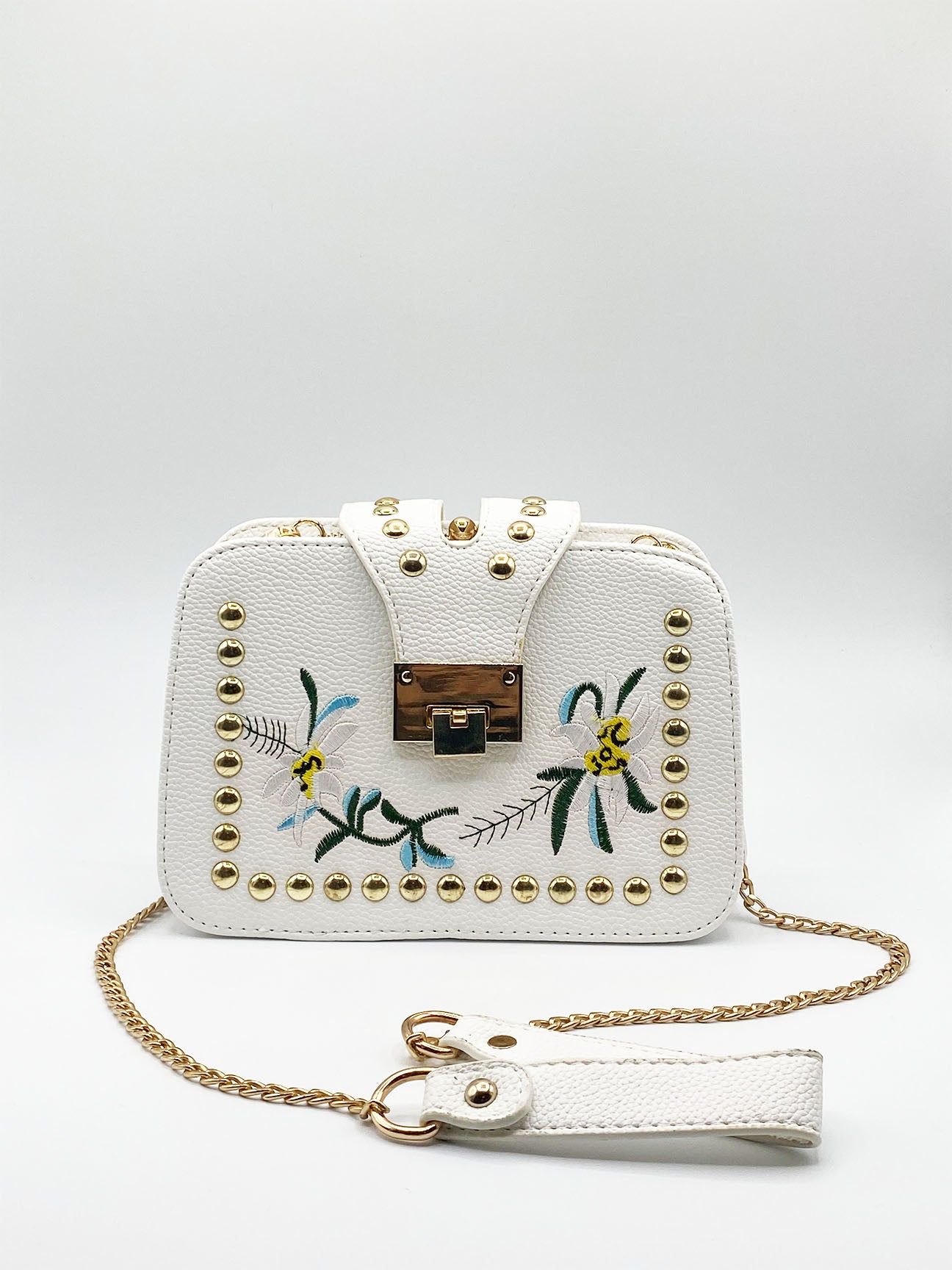 Gold Studded White Floral Handbag