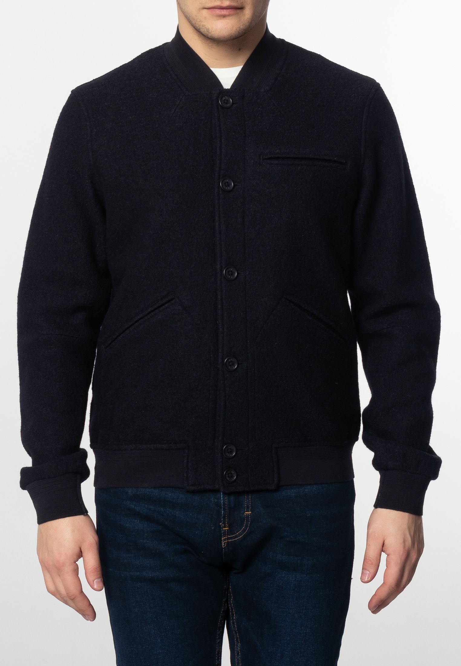 Sherlock Mens Wool Bomber Jacket With Ribbed Hem And Cuffs In Dark Navy
