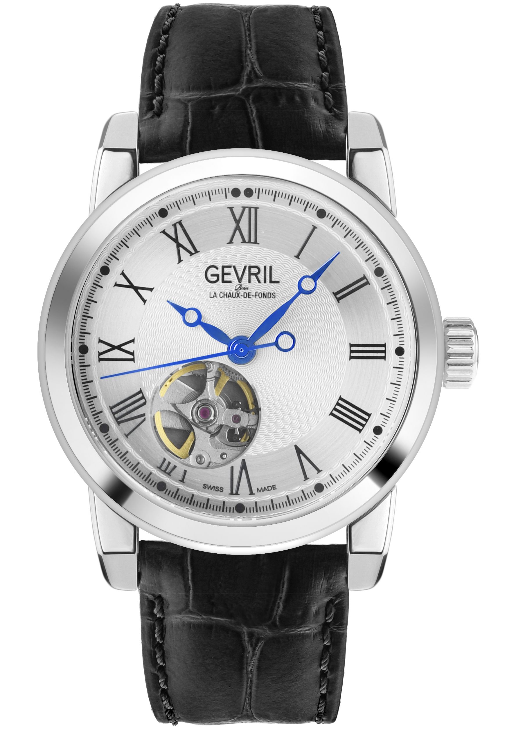 Gevril Men's Madison Swiss Automatic Stainless Steel Silver Dial Black ...
