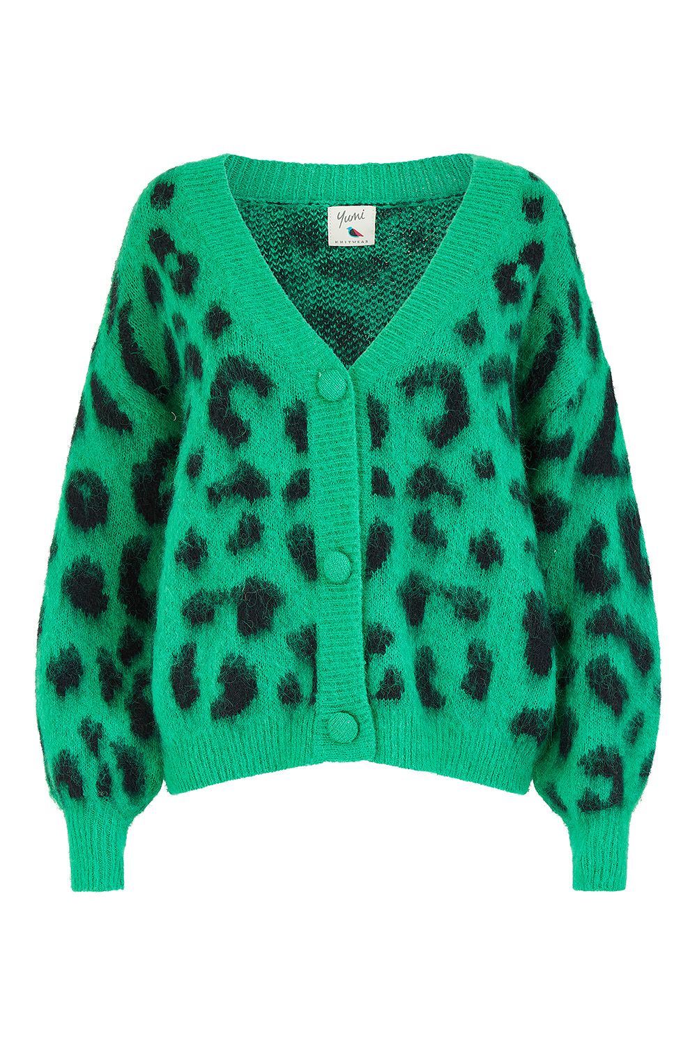 Green Leopard Intarsia Button Up Cardigan