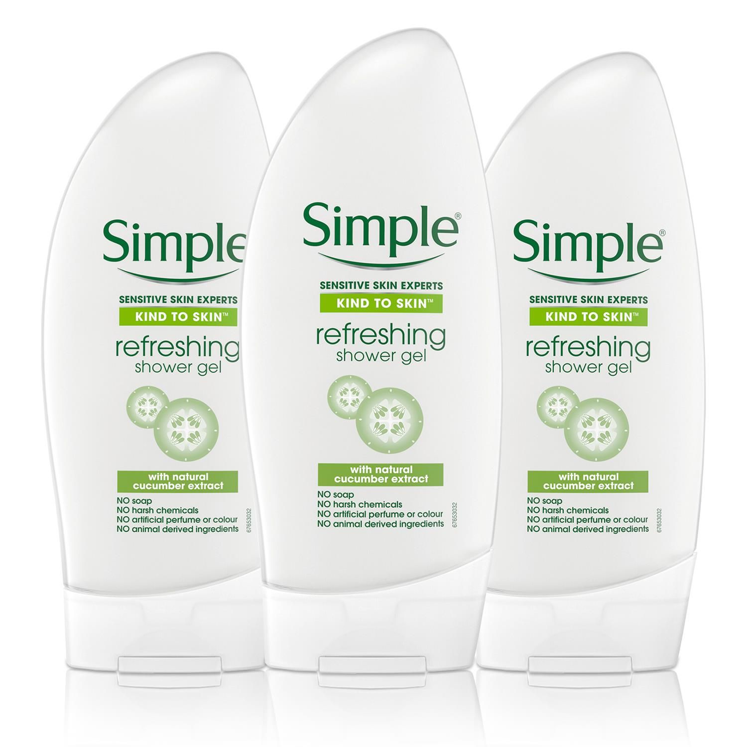 Simple Kind to Skin Refreshing Shower Gel with Cucumber Extract, 250ml, 3 Pack