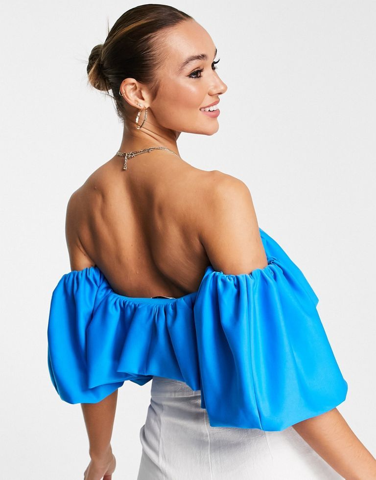 ASOS DESIGN scuba off shoulder top with exaggerated sleeve in cobalt-Blue