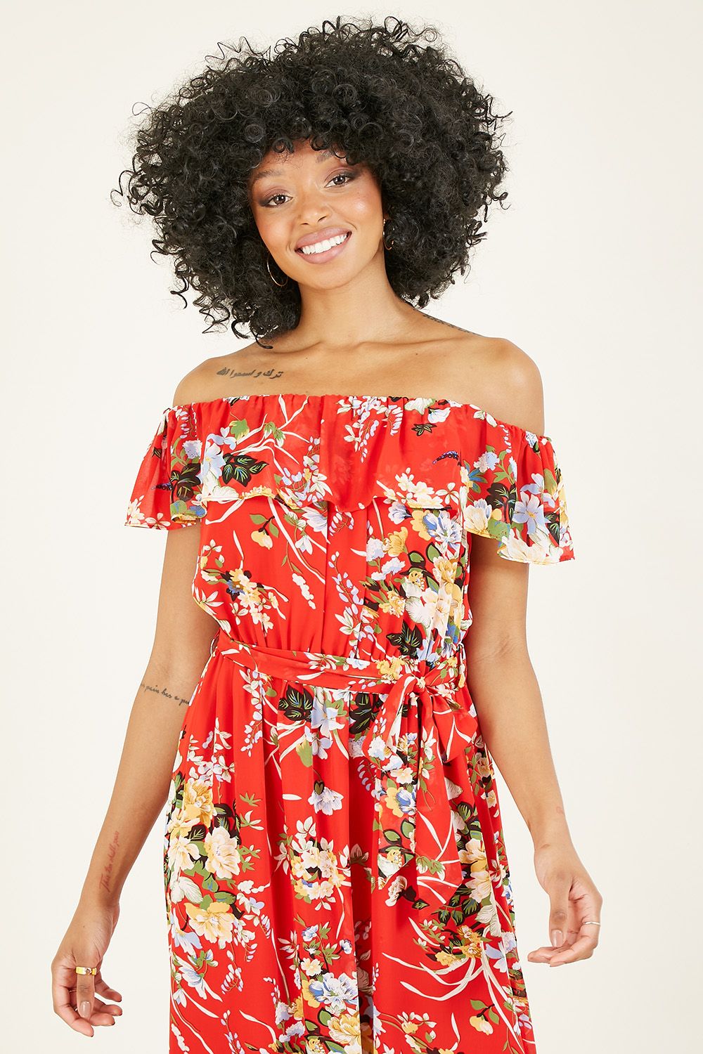 Yumi Red Oriental Bardot Frill Dress