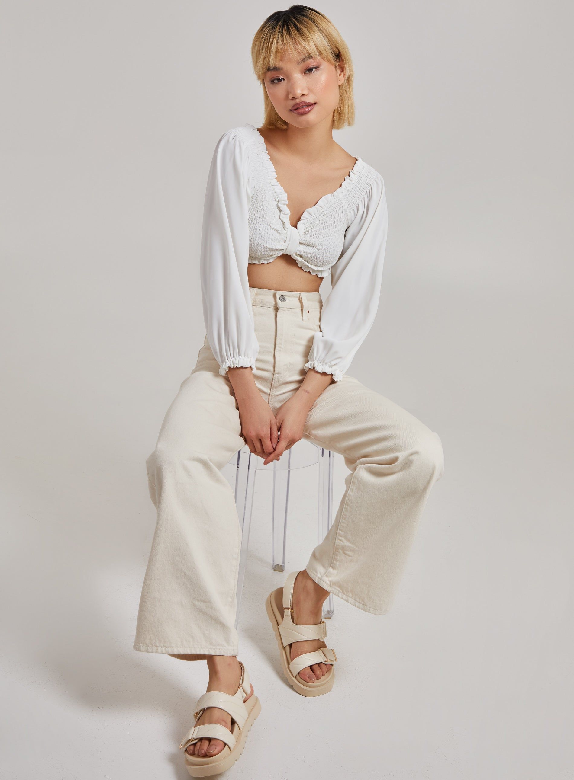 Twist Front Balloon Sleeve Crop Top