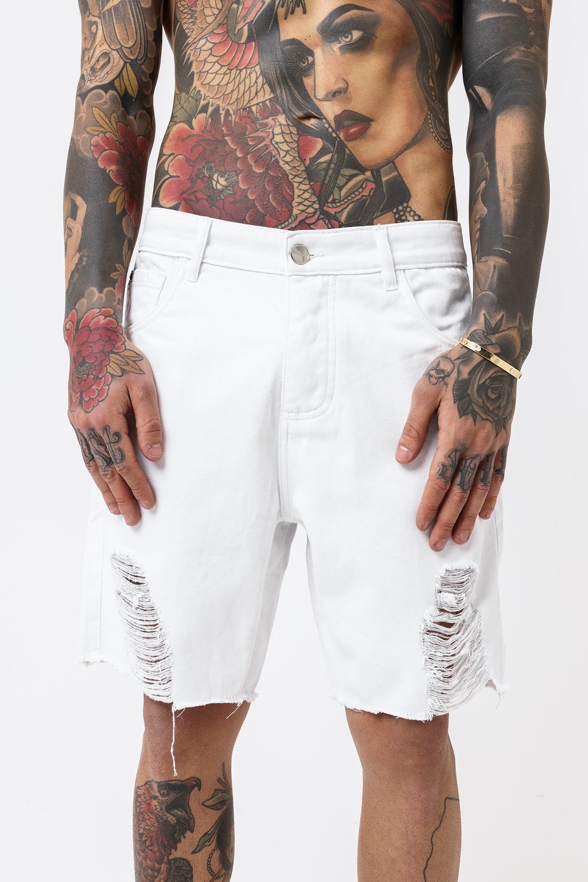 Shredded White Denim Shorts