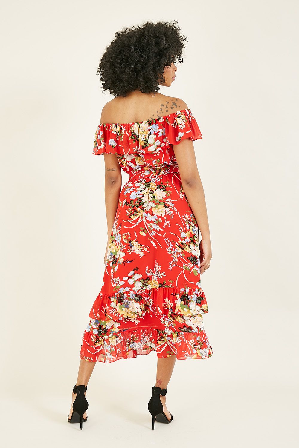 Yumi Red Oriental Bardot Frill Dress