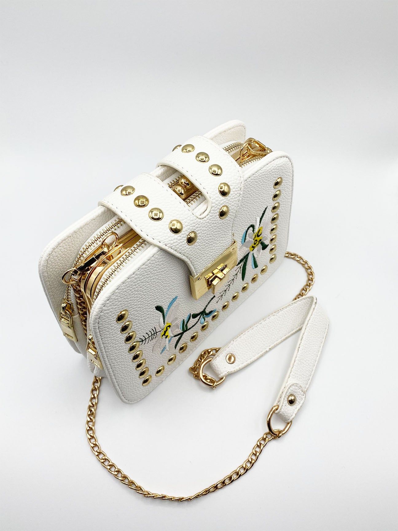 Gold Studded White Floral Handbag