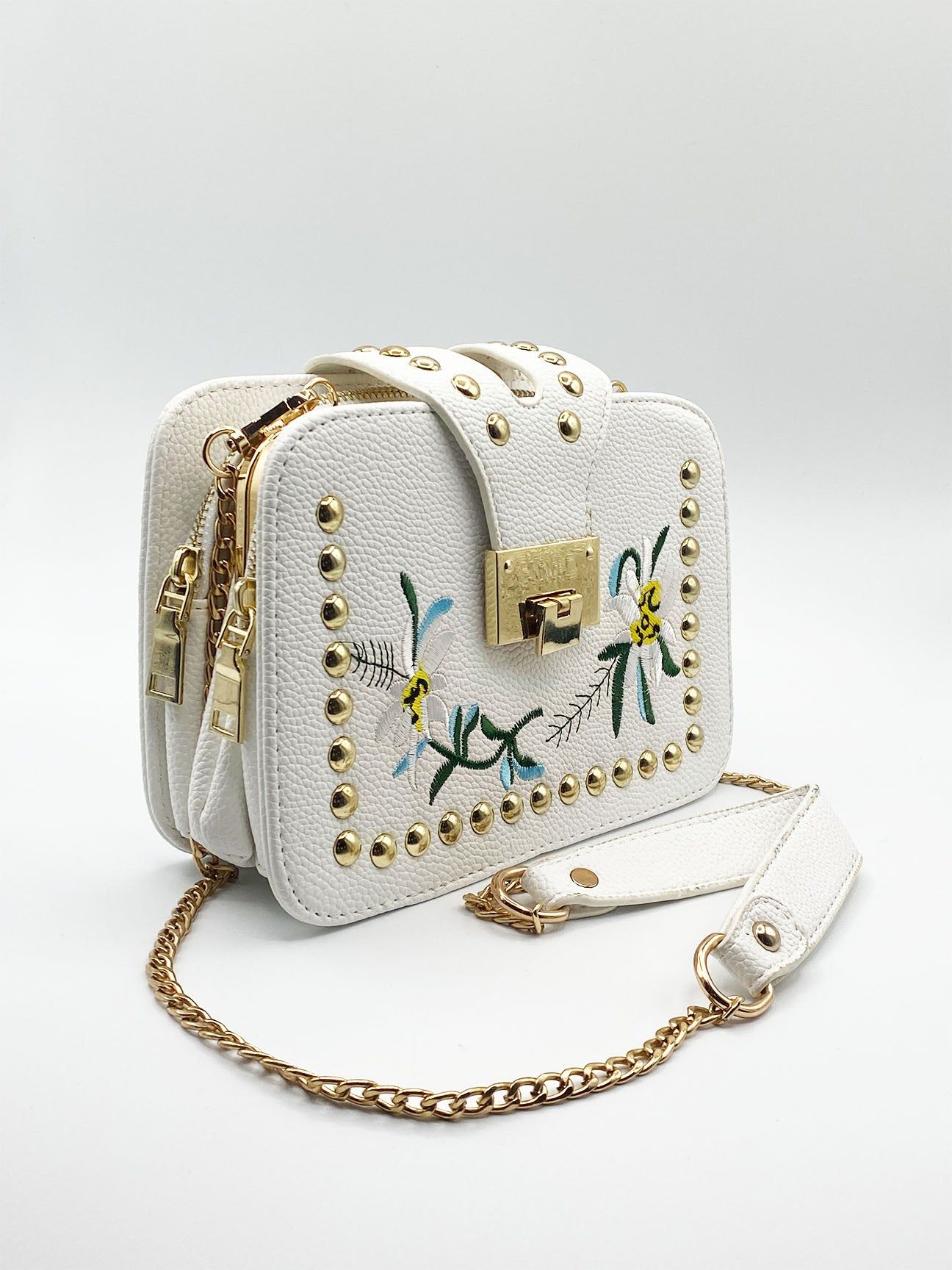 Gold Studded White Floral Handbag