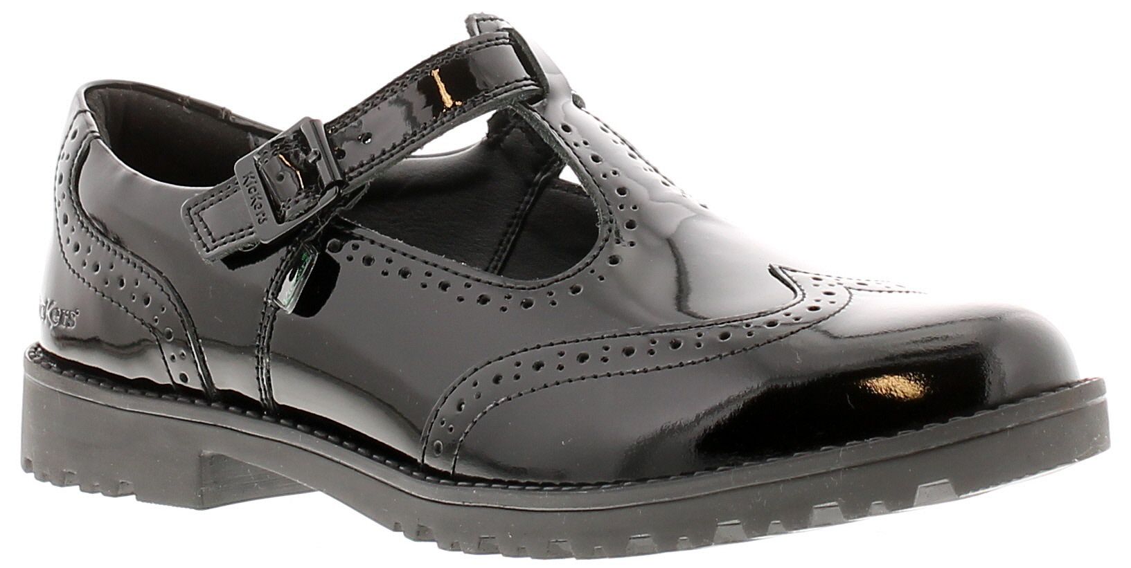 Kickers Lachly Brogue T-bar Girls Leather Shoes Black Patent