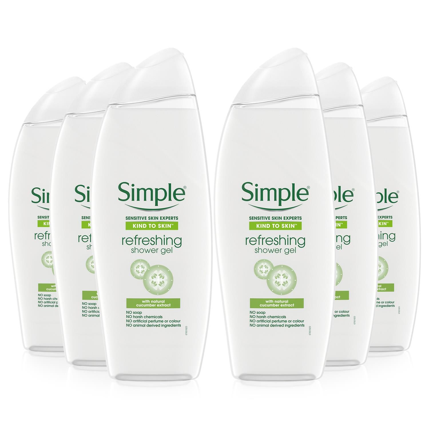Simple Kind to Skin Refreshing Shower Bath Gel 500ml, 6 Pack
