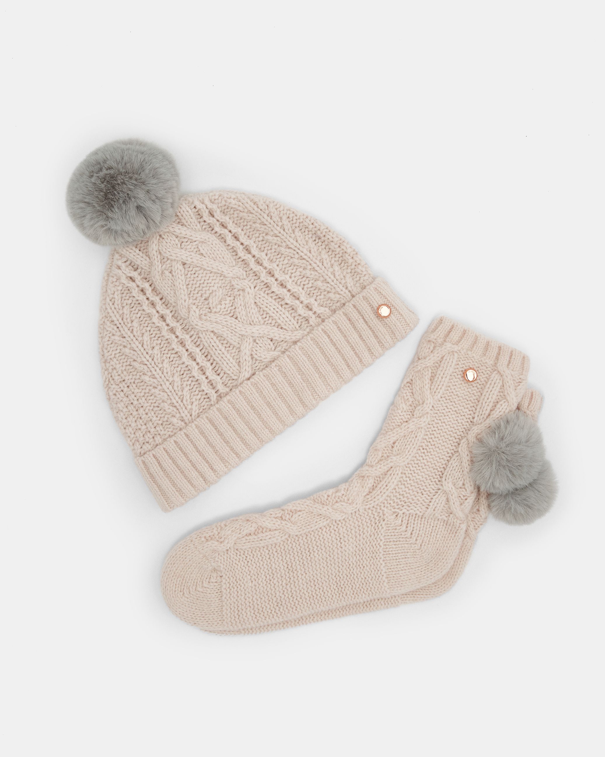 Ted Baker Raisa Knitted Pom Hat And Sock Set, Nude Pink