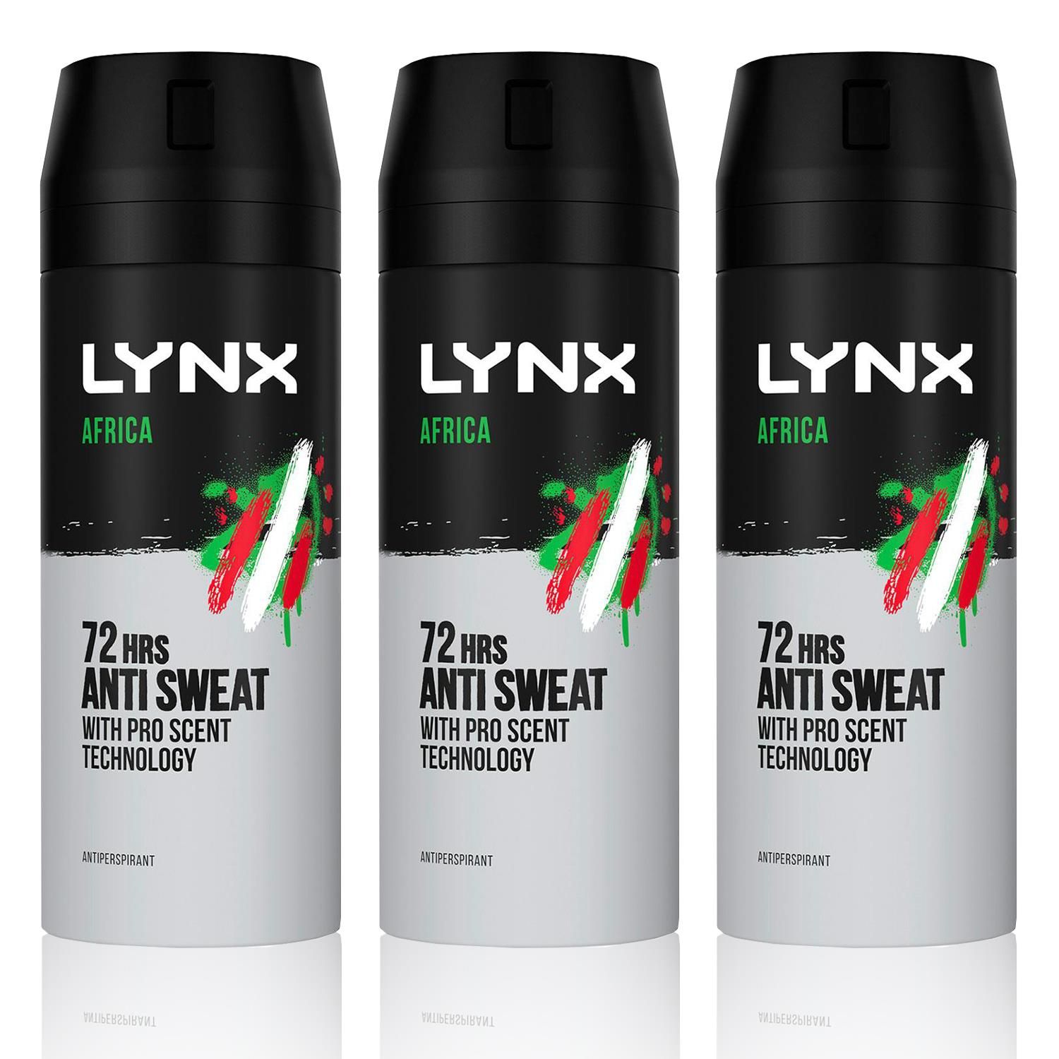 Lynx Africa 72 HRS Anti Sweat Anti-Perspirant Body Spray for Men, 3x150ml