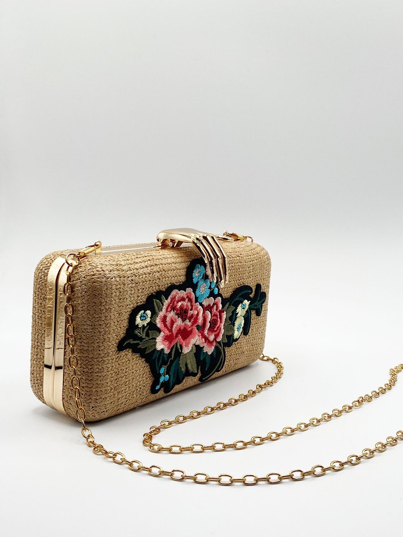 Floral Embroidered Straw Clutch Bag with Gold Hand Design Clasp