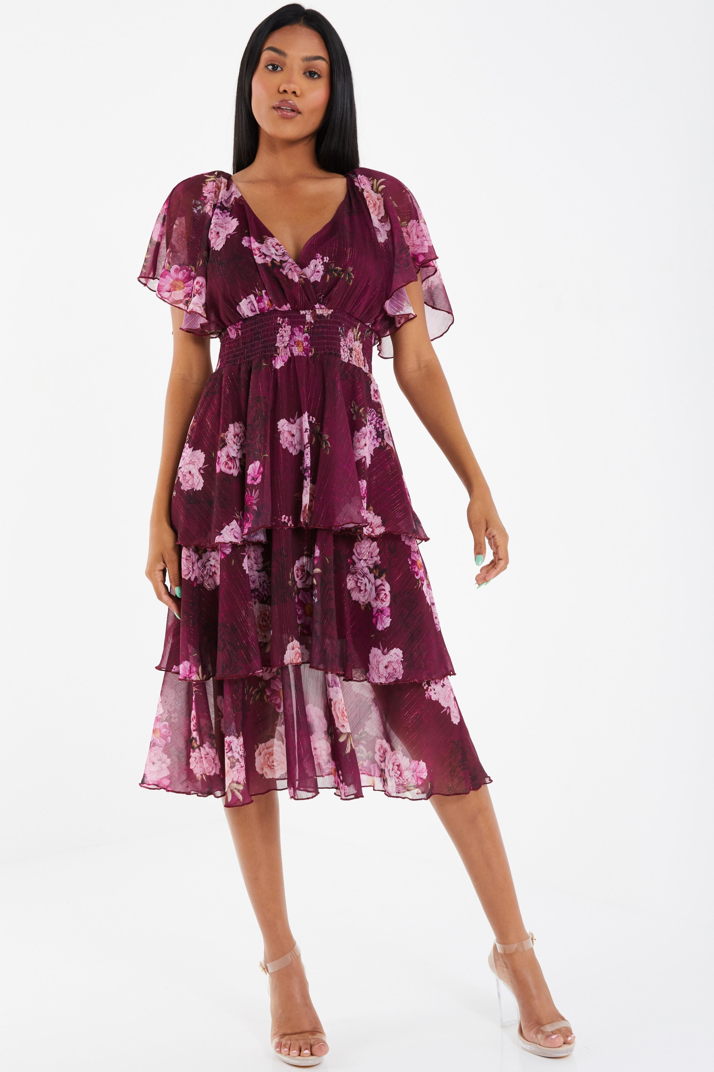 Berry Floral Chiffon Midi Dress