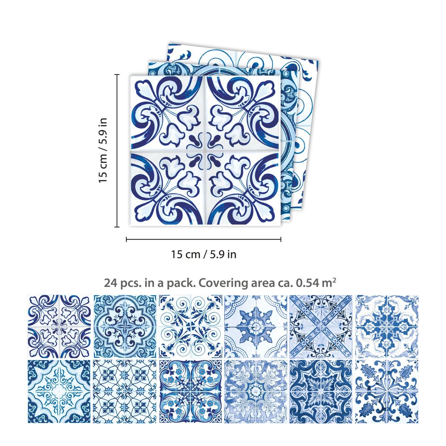 Blue Turkish Mediterranean Wall Tiles Sticker Set - 15 x 15 cm (6 x 6 ...