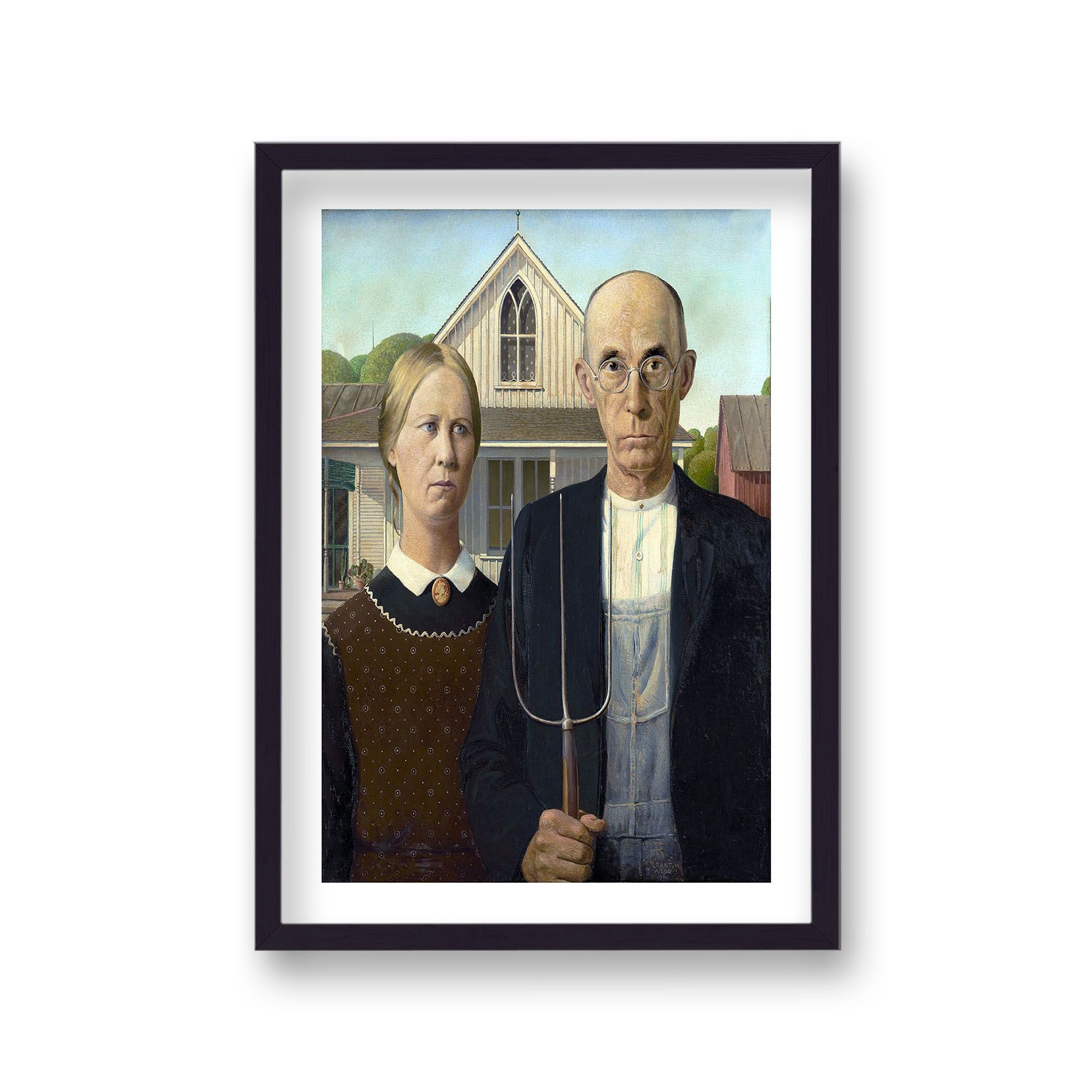 Grant Wood American Gothic Print with Border - Black Frame