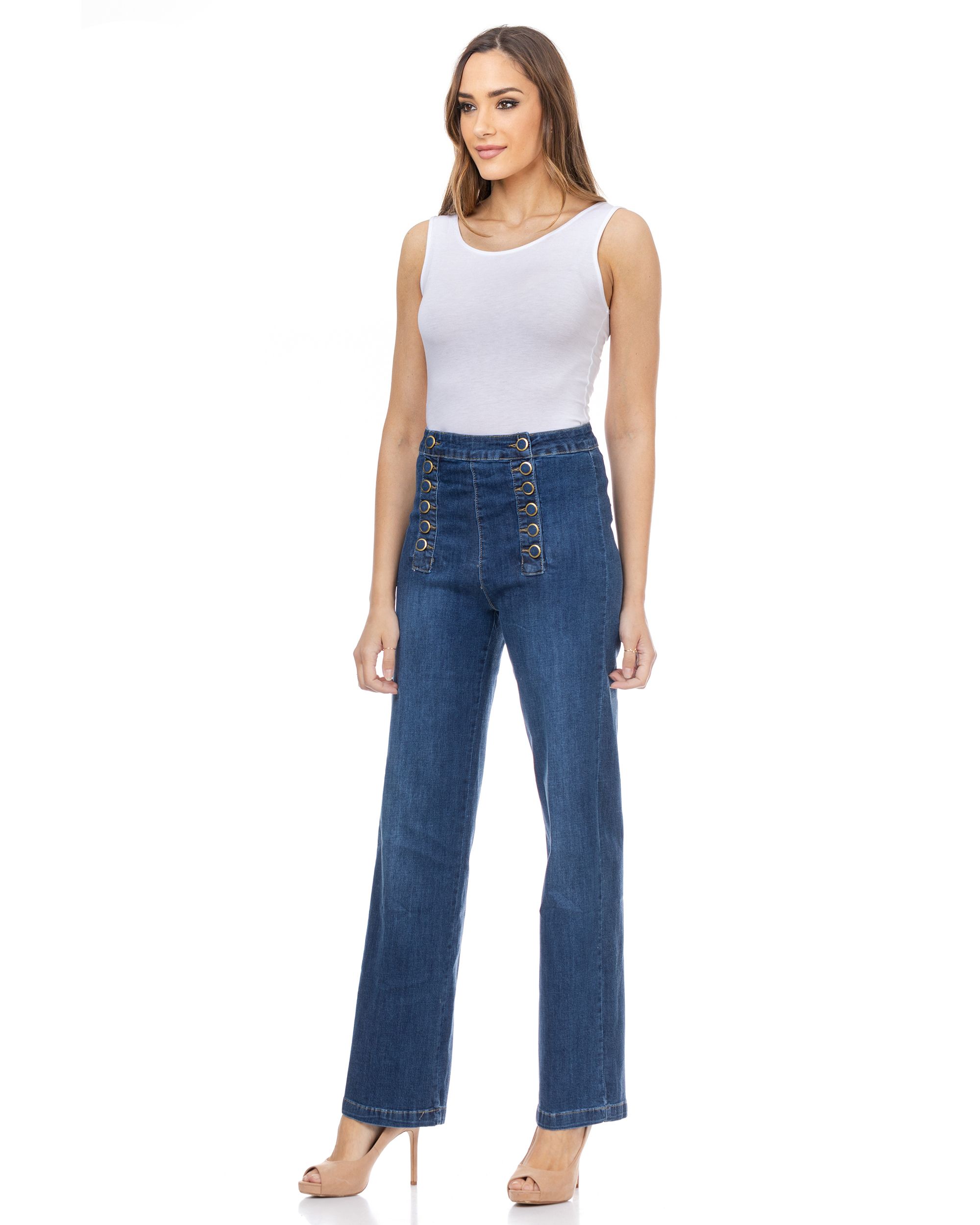 Denim Flared Pants With Buttons At Front