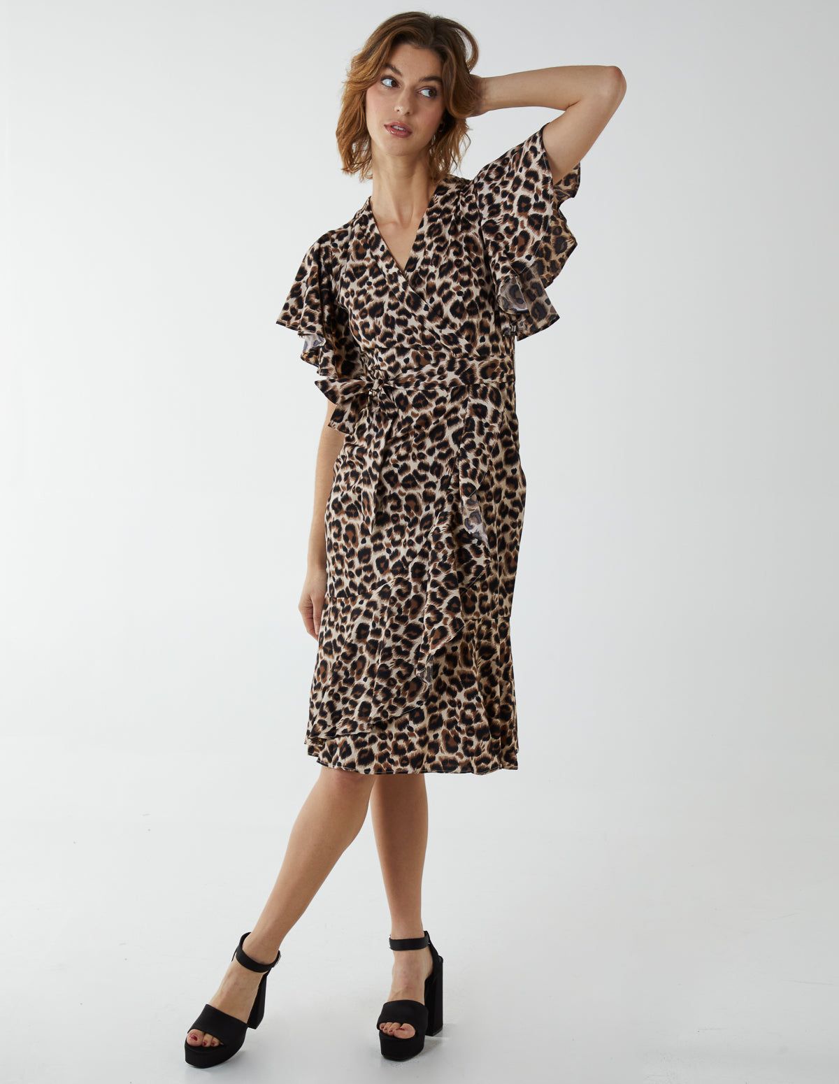 Leopard Print Wrap Ruffle Dress
