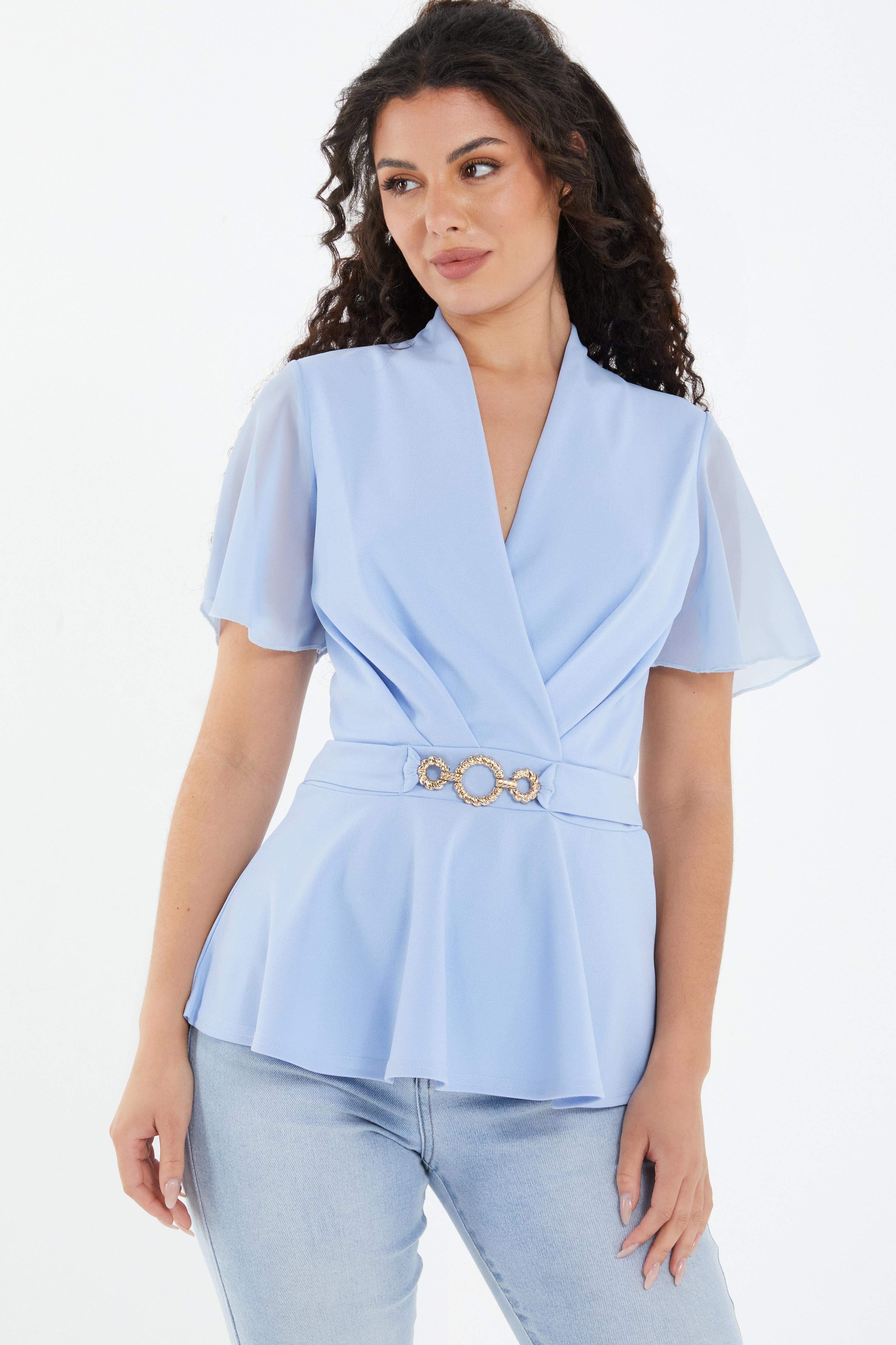 Light Blue Chiffon Sleeve Peplum Top