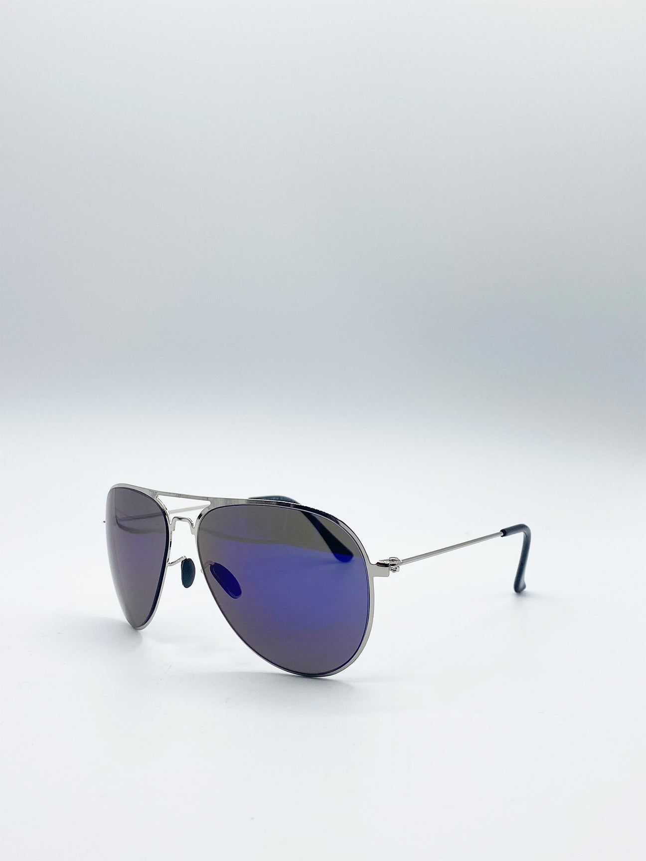 Silver Aviator Sunglasses with Blue Mirrored Lenses