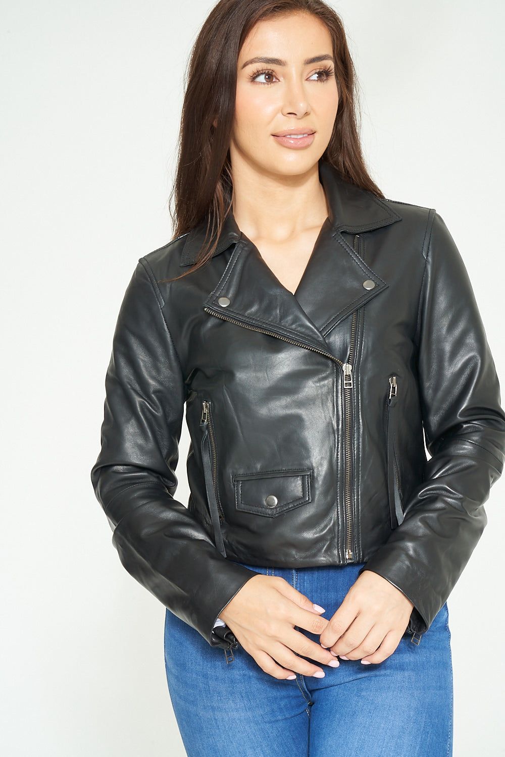 Elle ladies Leather Biker Jacket in Black