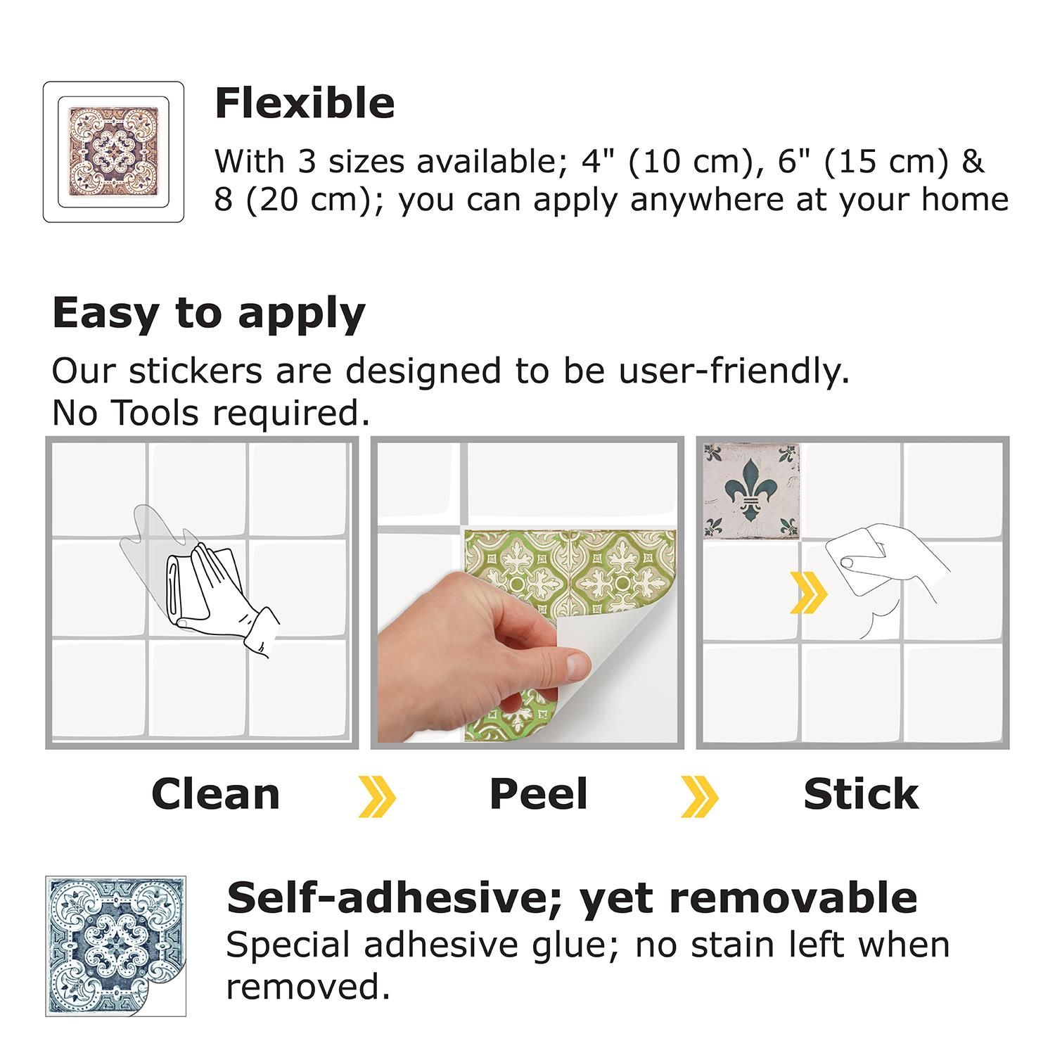 Vintage Porcelain Tiles Wall Stickers Mix - 10 cm x 10 cm - 24 pcs ...