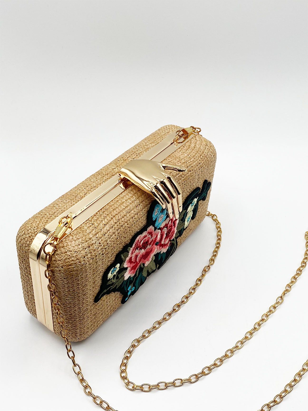 Floral Embroidered Straw Clutch Bag with Gold Hand Design Clasp