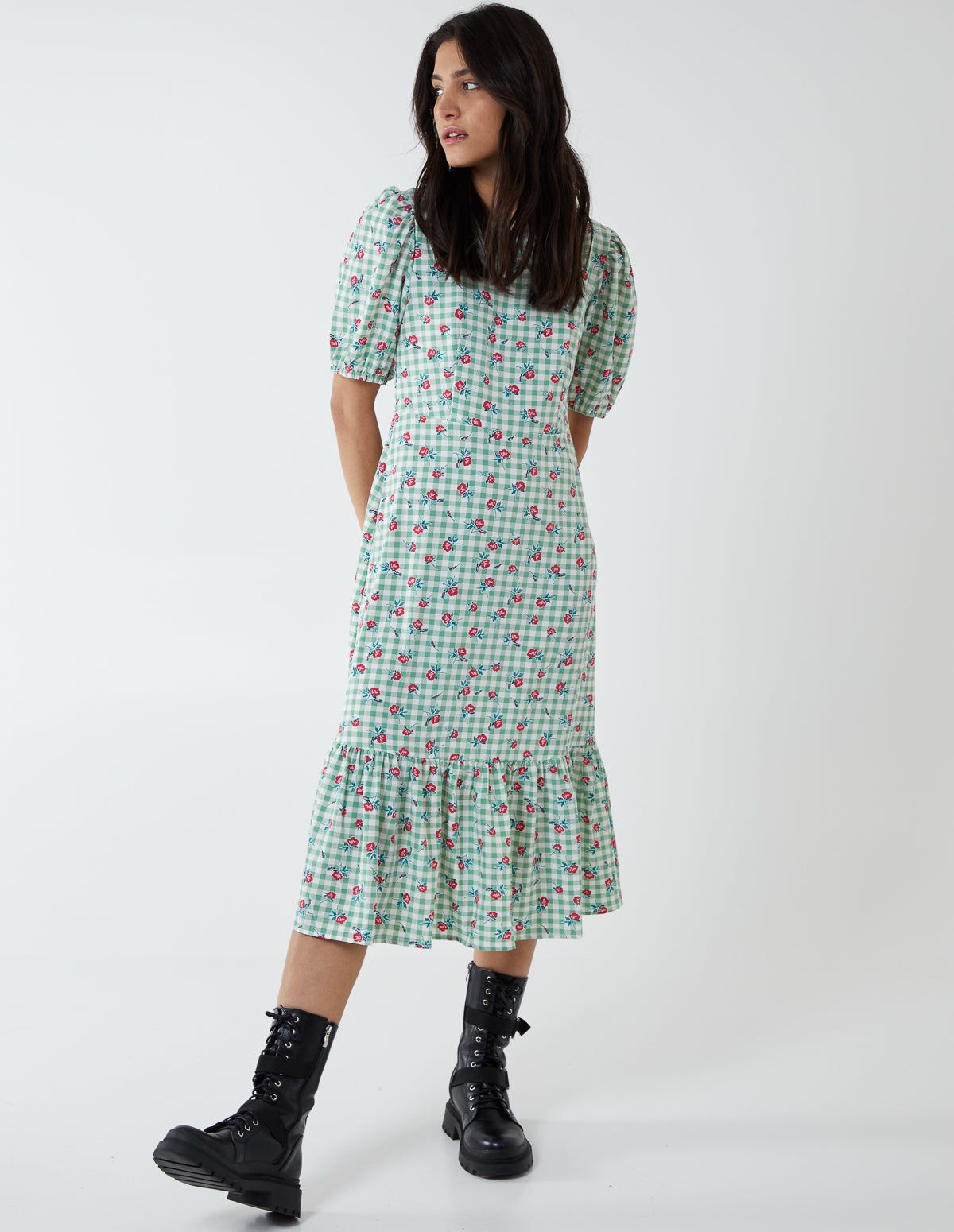 KAYLA - Puff Sleeve Smock Midi Dress