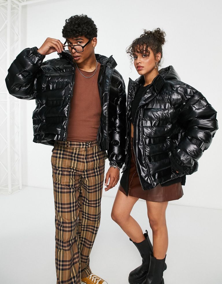 COLLUSION Unisex puffer coat with collusion print in black
