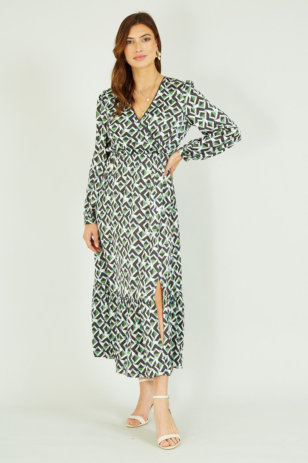 Green Geo Print Wrap Satin Midi Dress