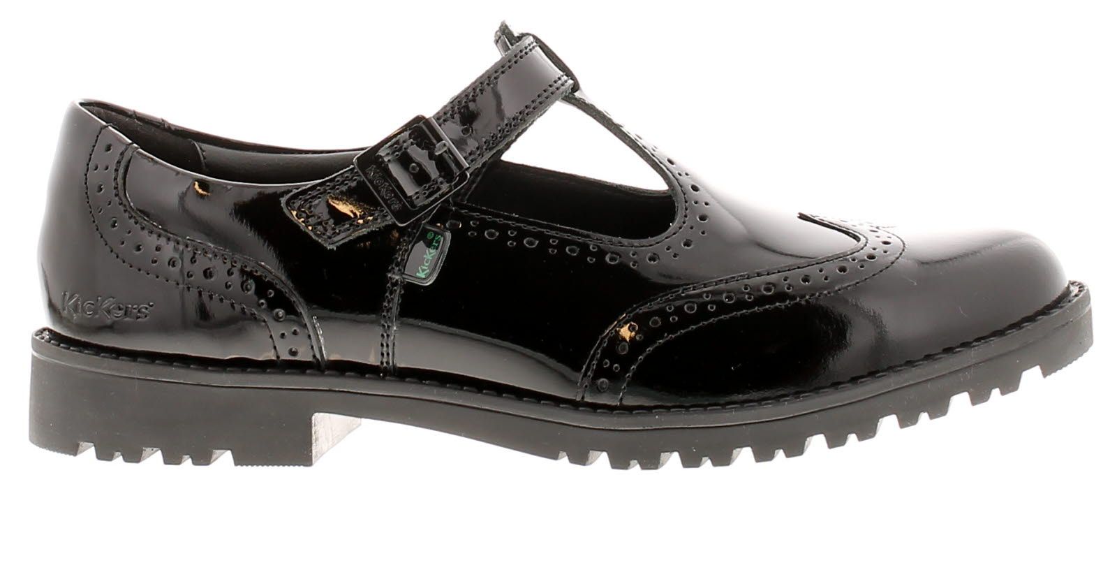 Kickers Lachly Brogue T-bar Girls Leather Shoes Black Patent