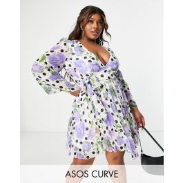 ASOS DESIGN Curve dobby pleated wrap mini dress in floral spot-Multi