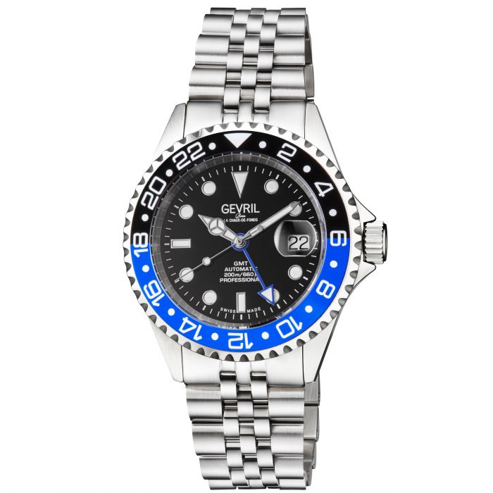 Gevril Men's Wall Street GMT BLK Dial BLK/BLU Ceramic Bezel Stainless ...