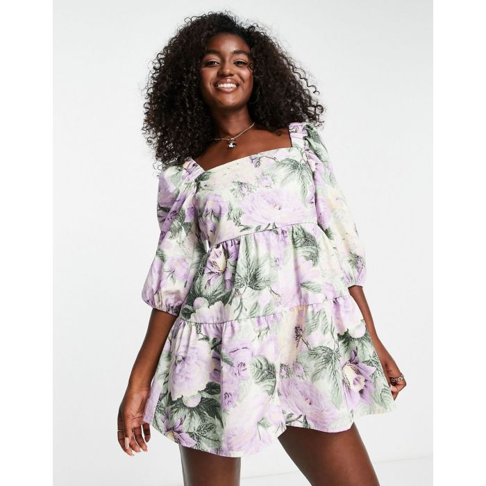 ASOS DESIGN twill puff sleeve tiered smock playsuit with square neck in floral print-Multi