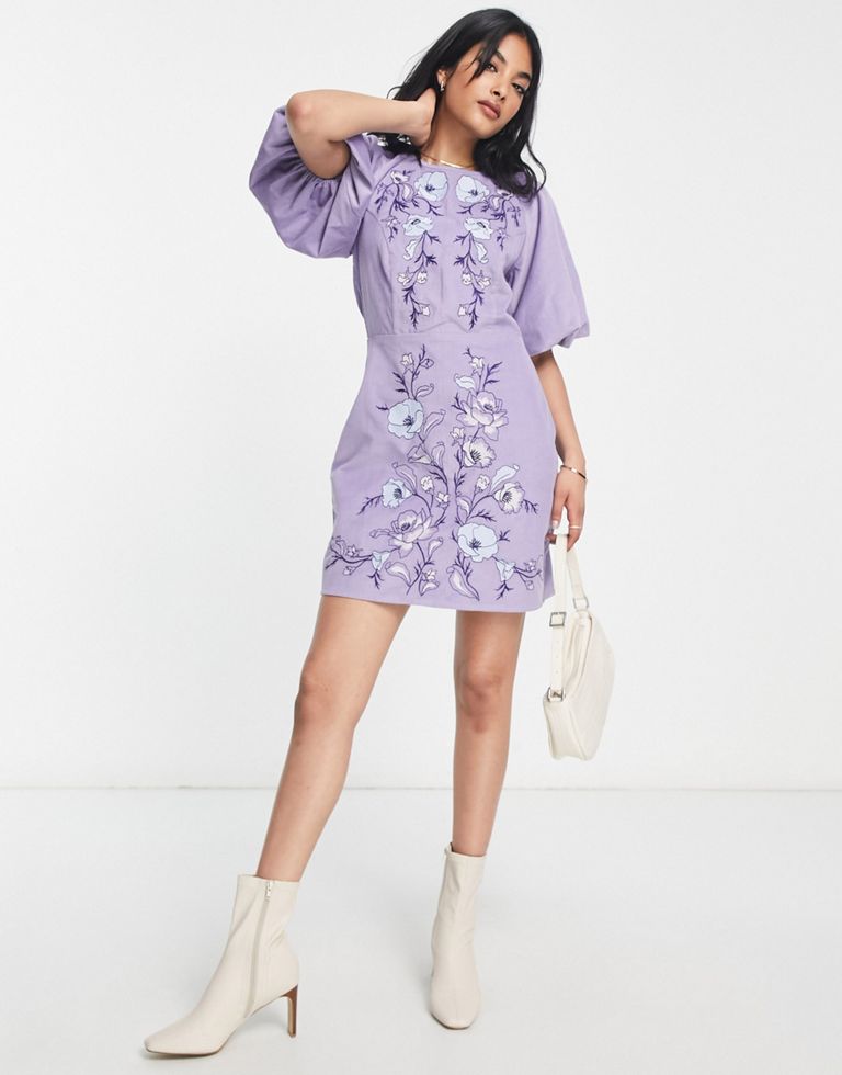Asos Design Tie Back Floral Embroidery Cord Mini Dress In Lilac Purple