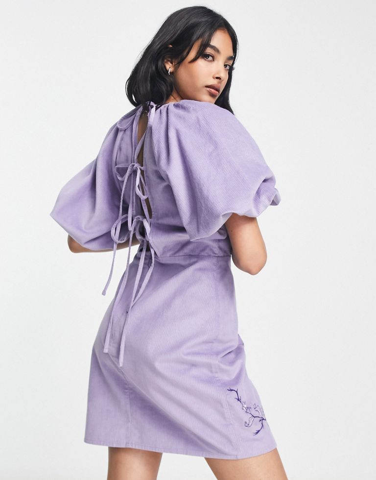 Asos Design Tie Back Floral Embroidery Cord Mini Dress In Lilac Purple