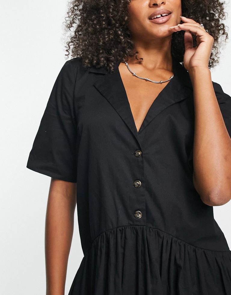 Asos Design Tall Twill Collared Button Midi Smock Dress In Black