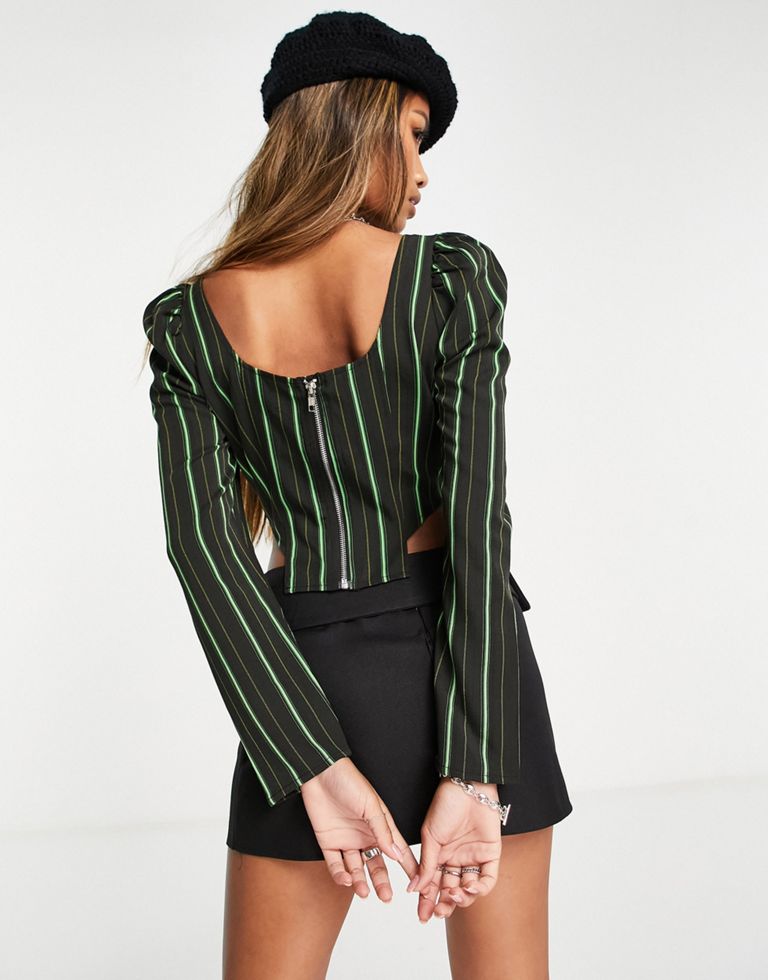 Reclaimed Vintage Long Sleeve Corset Top In Stripe Brown